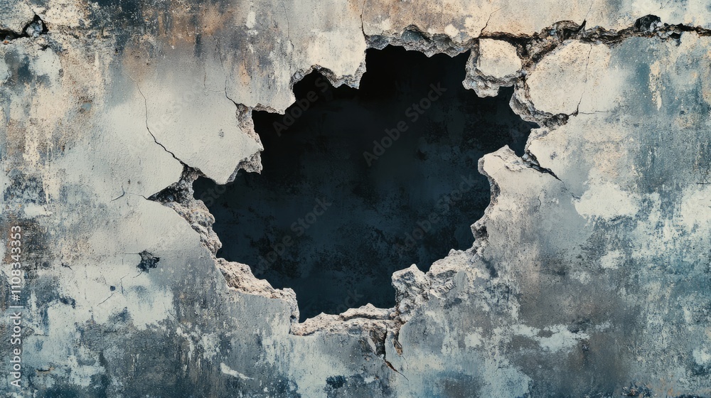 Cracked wall with large hole revealing darkness behind in urban setting.A large crack in a ...