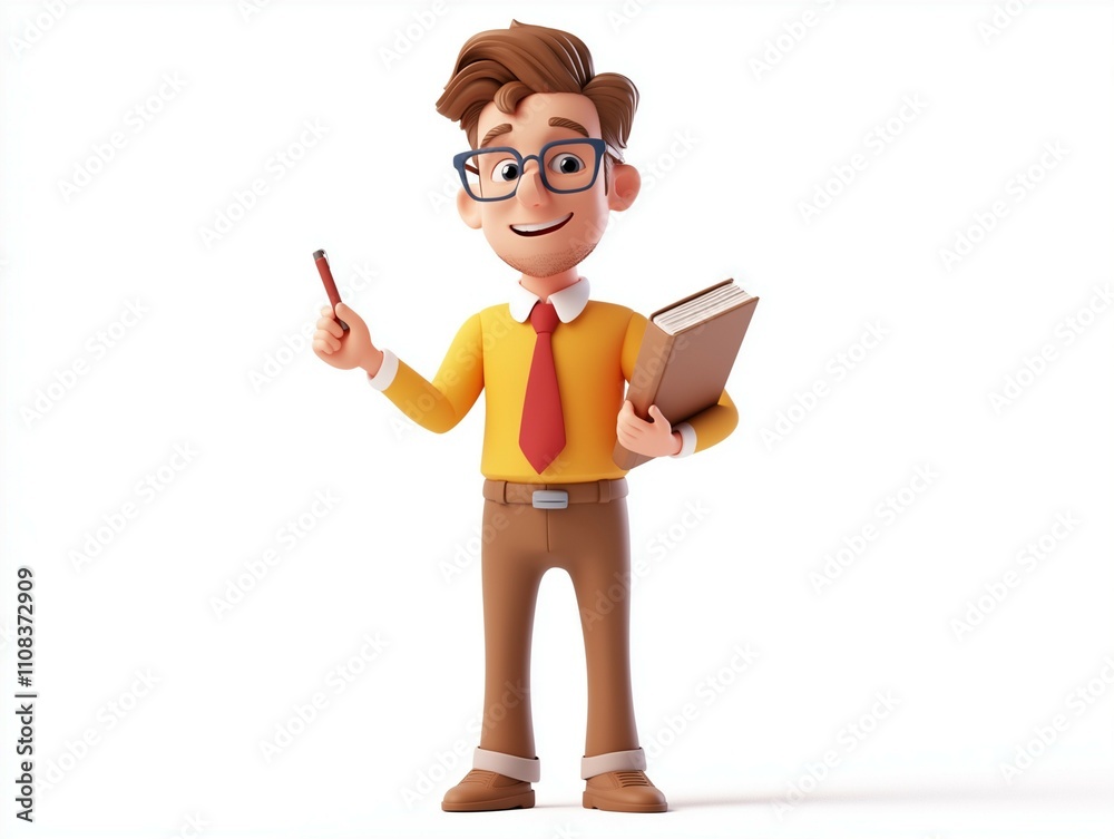 3D cartoon illustration of a male teacher, depicted with a friendly and ...