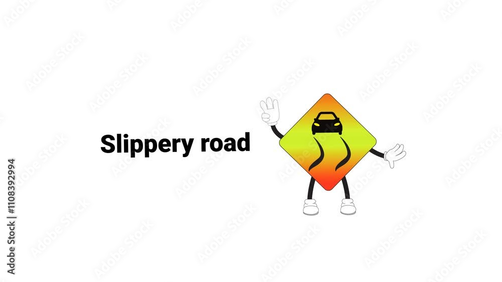 Animated slippery road sign with cartoon characters, perfect for ...