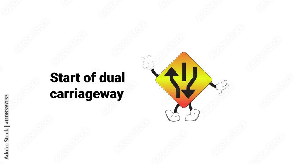 Animated start of dual carriageway sign with cartoon characters ...