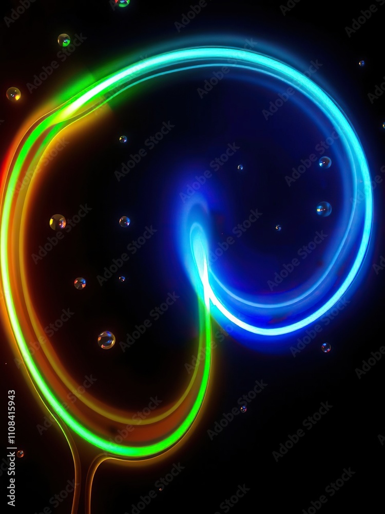 Glowing neon drops of paint on a dark background creating a vibrant and ...