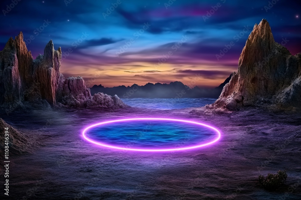 Photo & Art Print A glowing futuristic circle emitting neon blue and ...