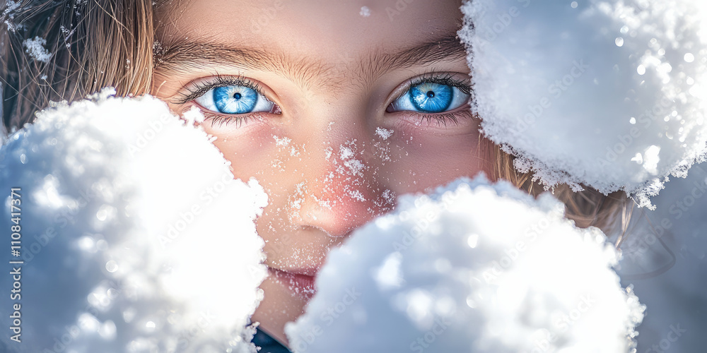 A young girl with blue eyes, wearing winter , peeks out from behind ...