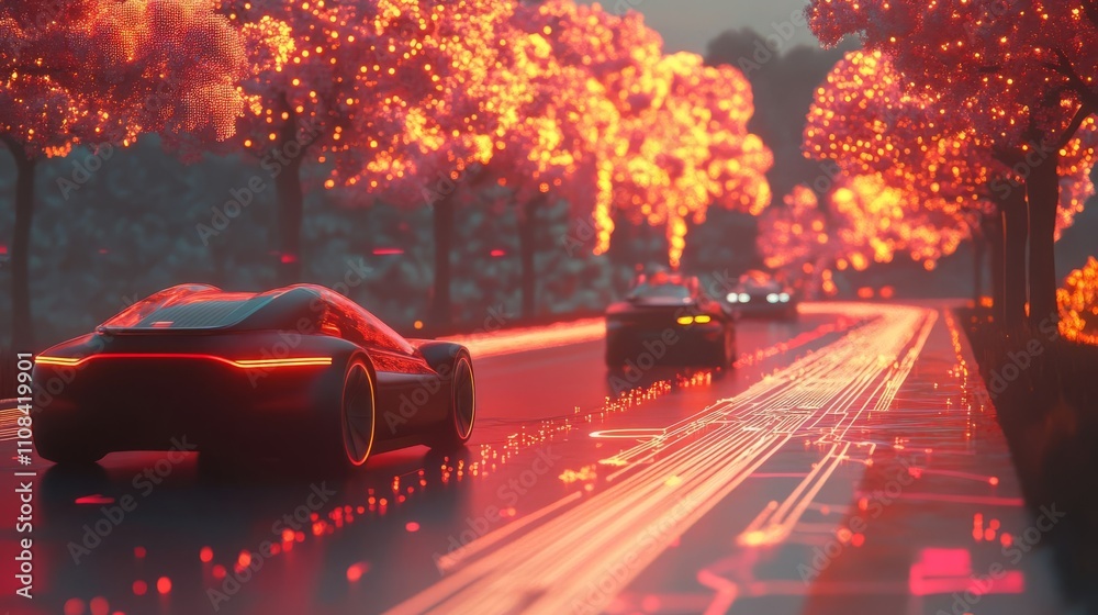 Cars driving on the street and painted symbols to represent technology ...