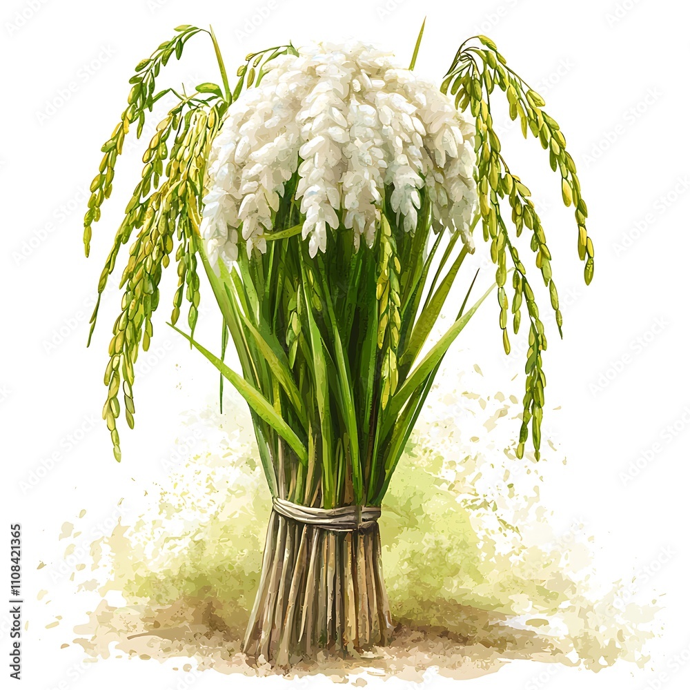 A watercolor painting of a sheaf of rice stalks, showcasing both the ...