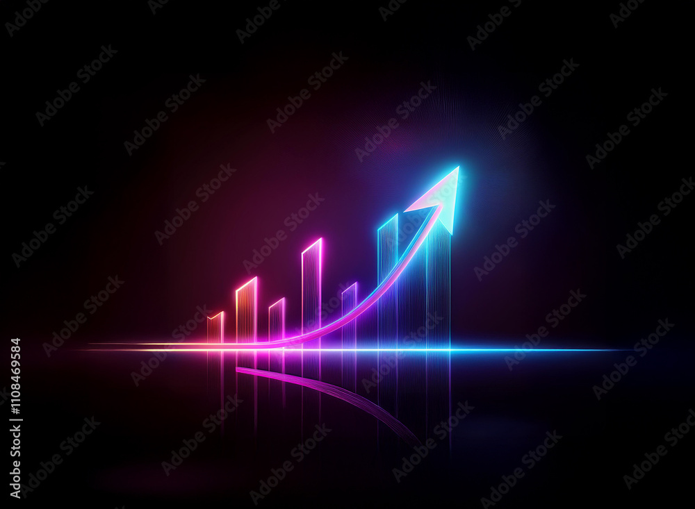 Neon glowing bar graph with upward arrow, reflecting on dark surface ...