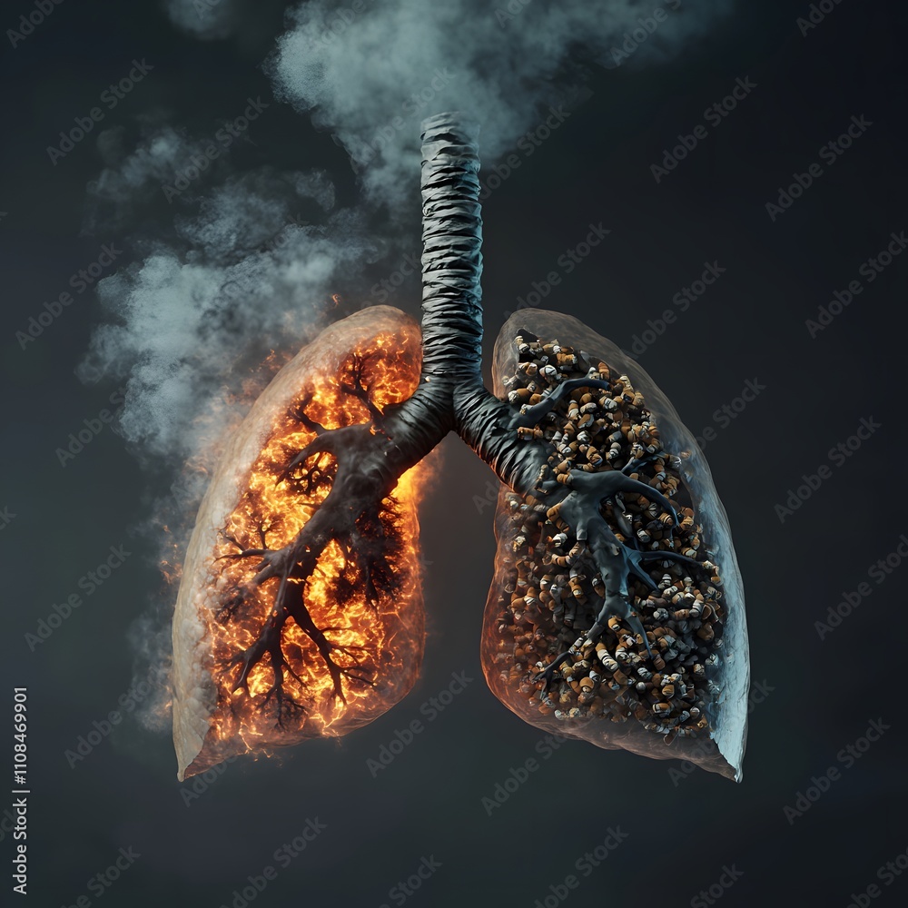 A depiction of unhealthy lungs affected by poor air quality and smoker ...