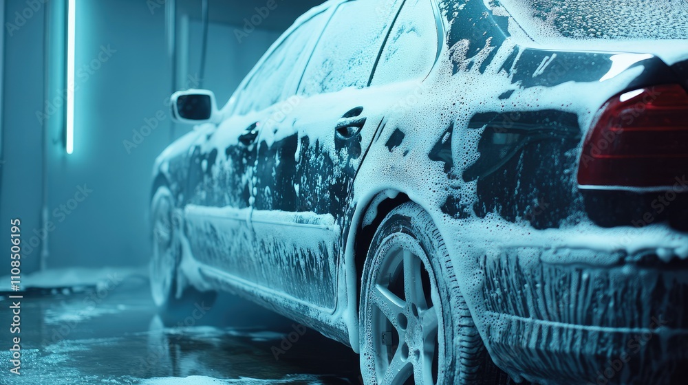 Sudsy Car Wash Close-Up: Vehicle Covered in Soap Foam with a Sleek ...