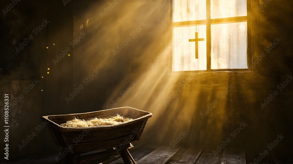 A dimly lit manger scene bathed in warm light, symbolizing the birth of ...