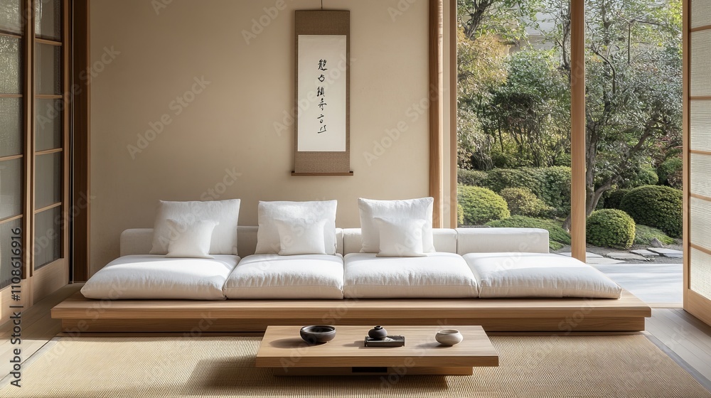 Zen-inspired minimalist living room with tatami mats, a low wooden ...