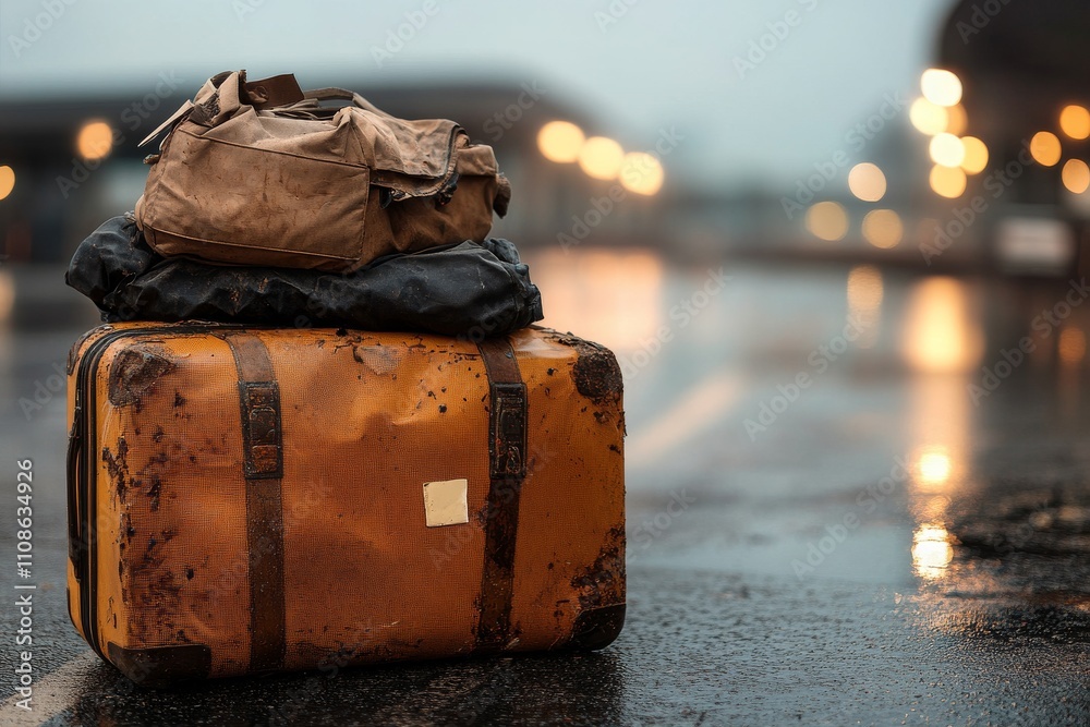 A stack of old, rustic luggage sits on a wet surface in a downpour ...