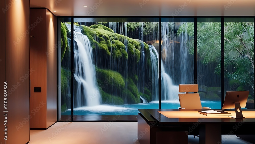 This stunning 8K image features a modern office with a wall of glass ...