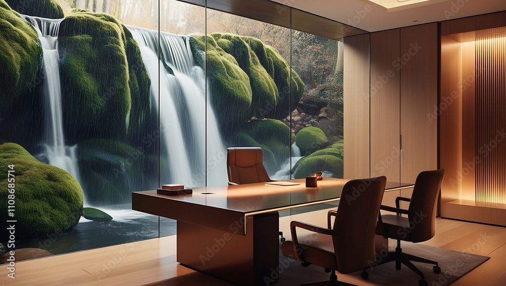 This stunning 8K image features a modern office with a wall of glass ...