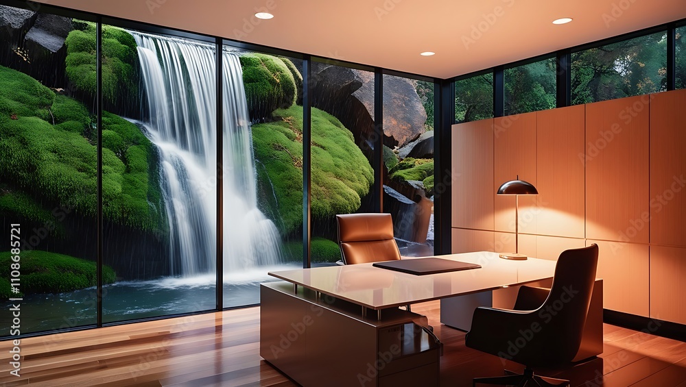 This stunning 8K image features a modern office with a wall of glass ...