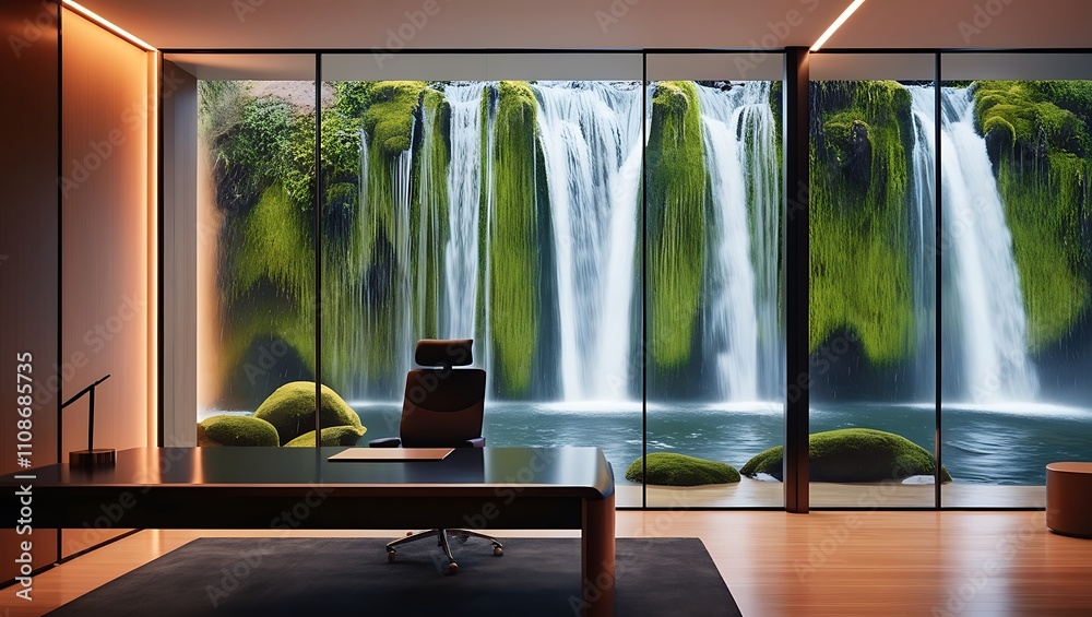 This stunning 8K image features a modern office with a wall of glass ...