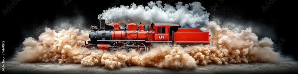 Vintage steam locomotive moving through a cloud of steam and dust in an ...