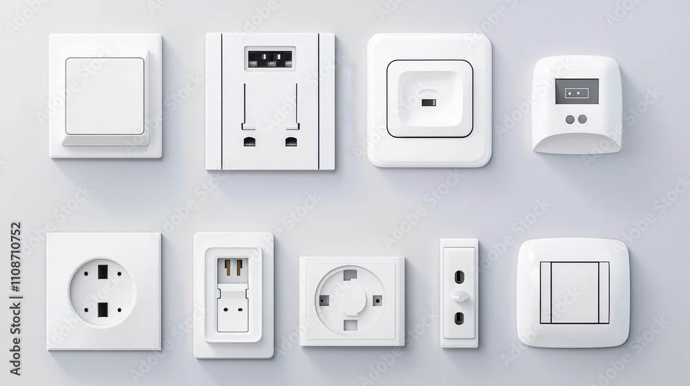 Electric sockets and switches on wall. Vector realistic set of 3d ...
