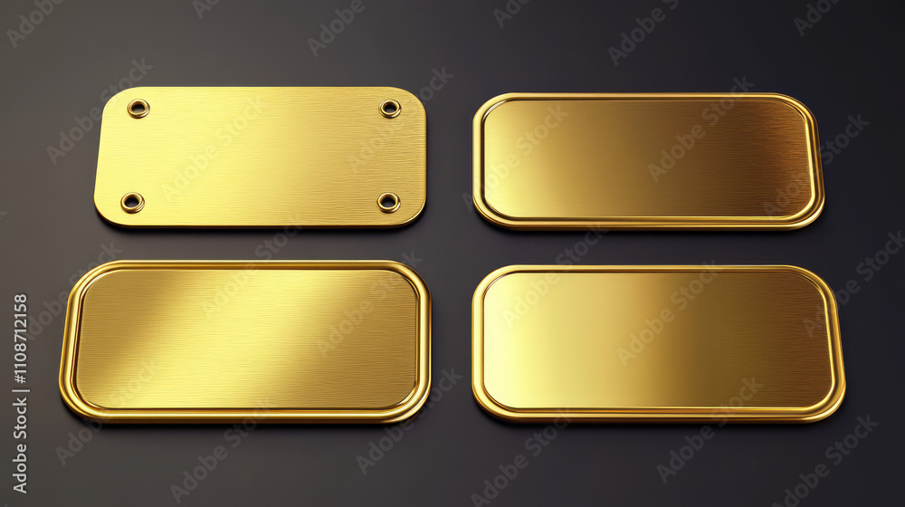 Gold or brass plates, golden name plaques empty mockup. Metal ...