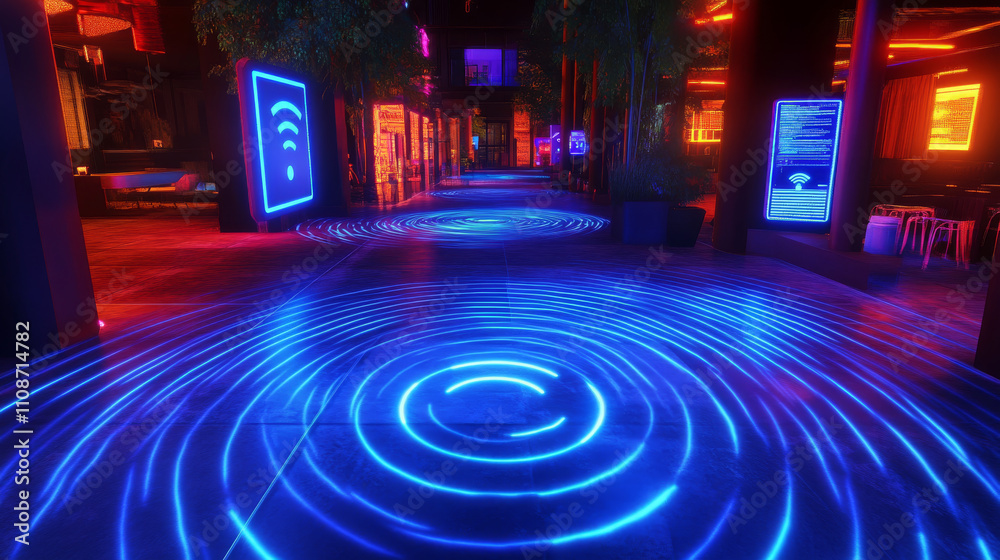 Wi-Fi light effect, blue neon signal sensor waves internet wireless ...