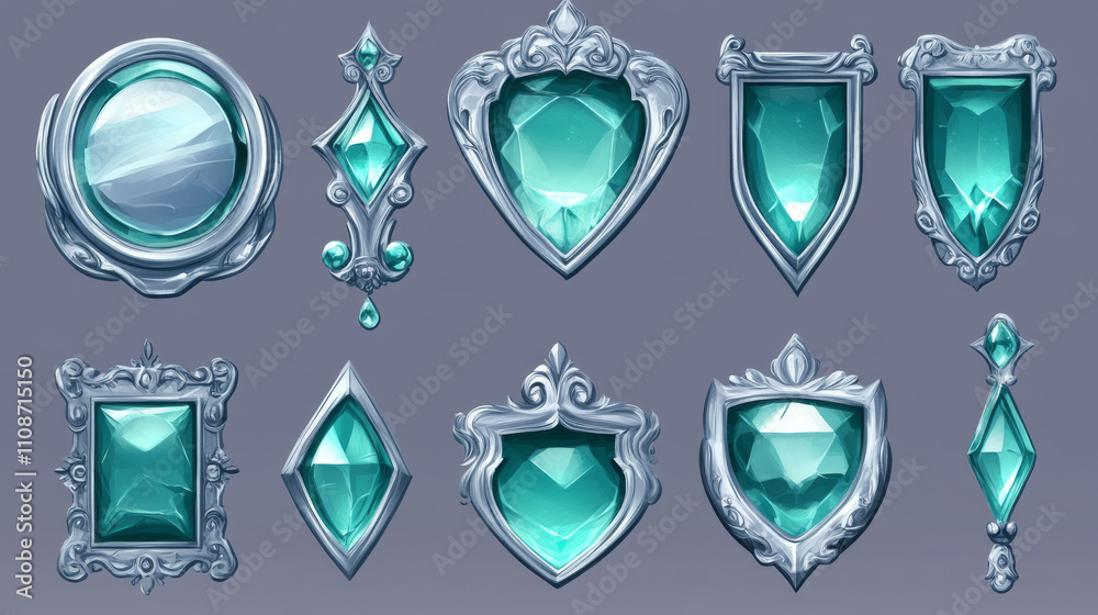 Silver buttons with fantasy frames in medieval style and green gems for ...