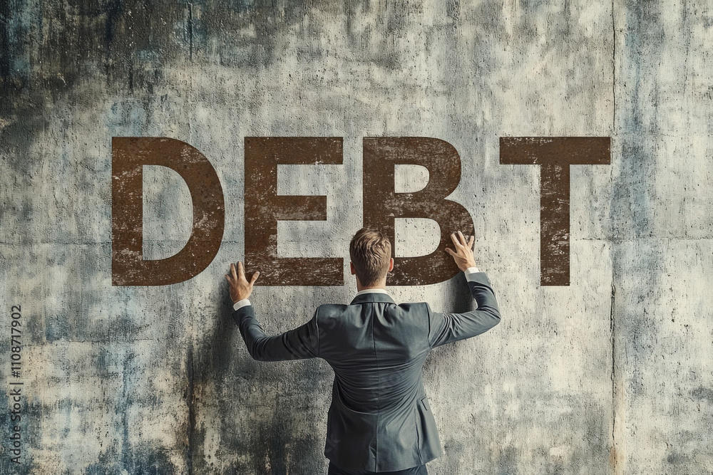 Photo & Art Print Man in suit holding up the word "debt" with a serious ...