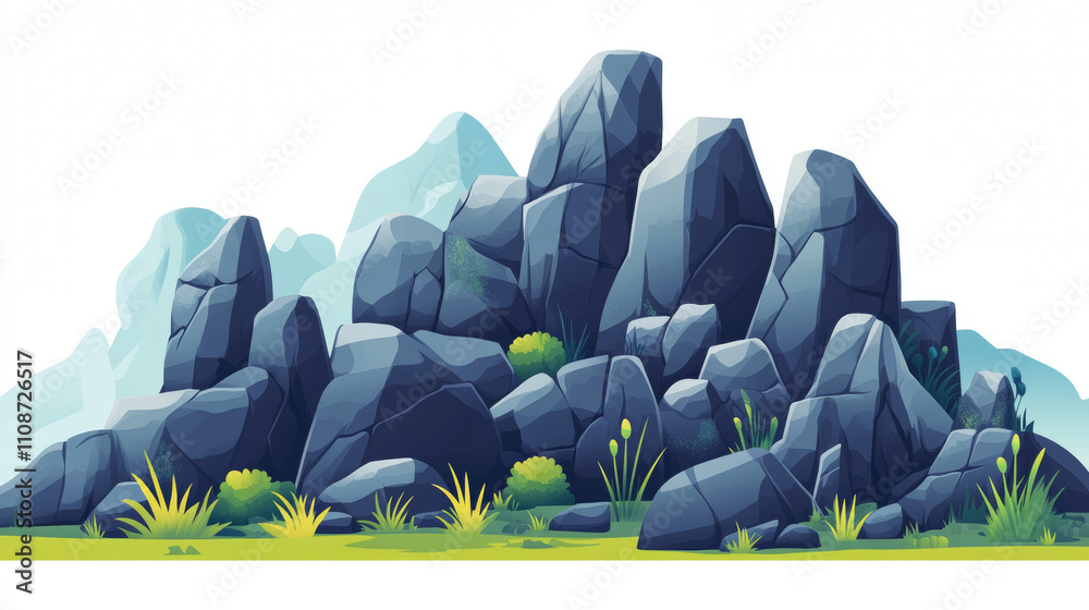 Grey big mountain stone with moss and grass. Cartoon vector ...