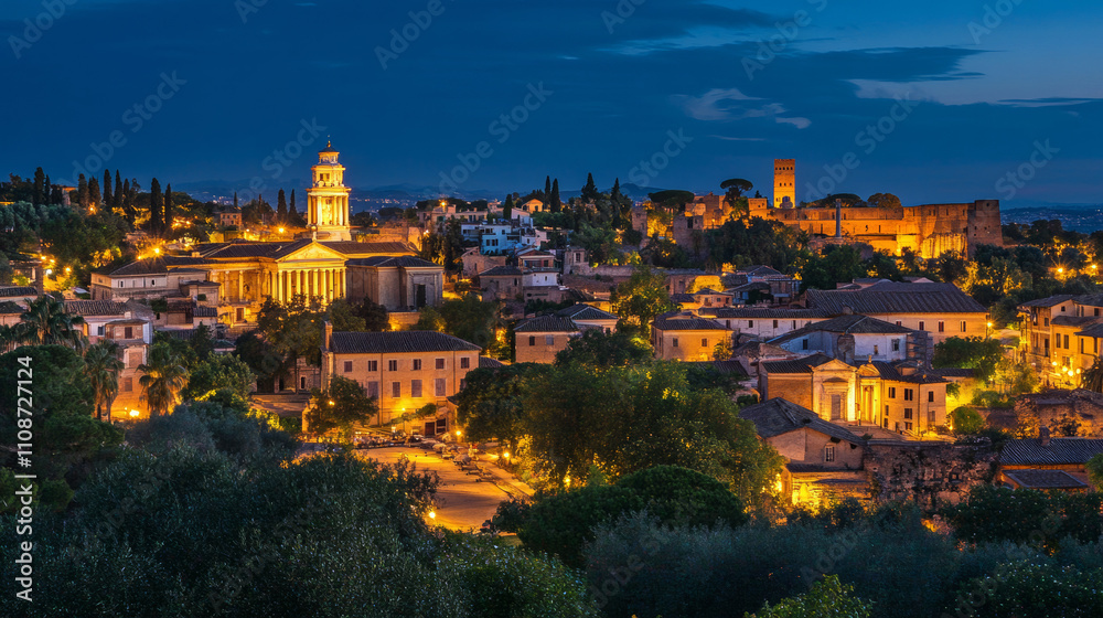 Rome isometric landscape with antique building vector night cartoon ...