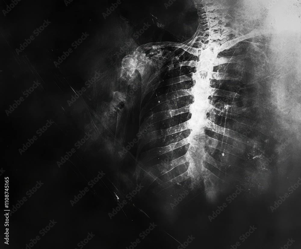 Abstract Black and White X-Ray Image of Human Rib Cage and Spine with ...