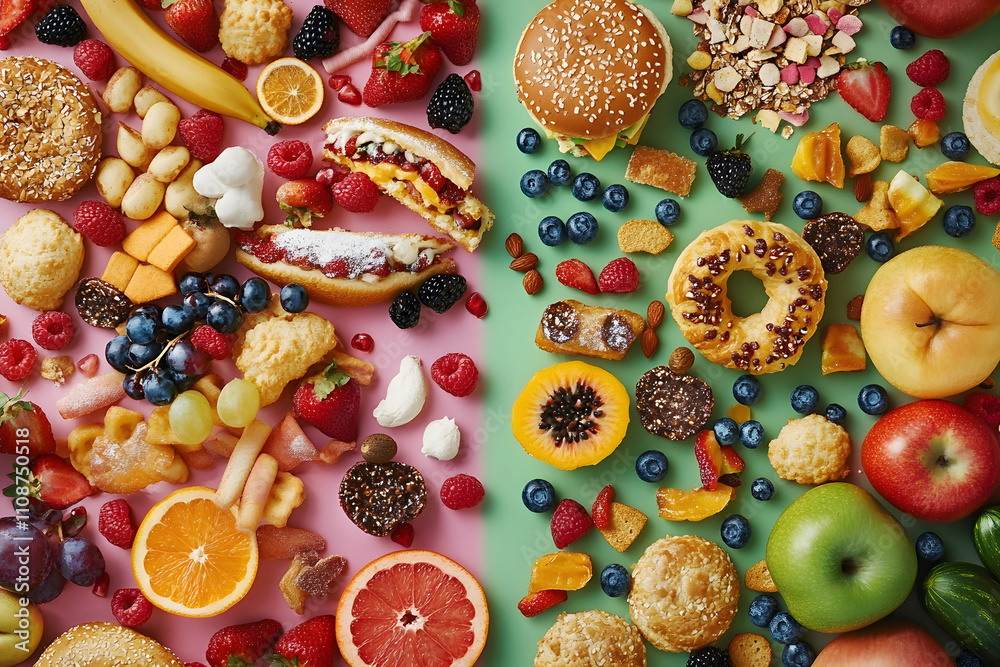 Healthy and unhealthy food background from fruits and vegetables vs ...