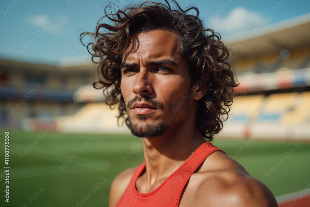 Professional soccer player with curly hair and a beard, wearing a red ...