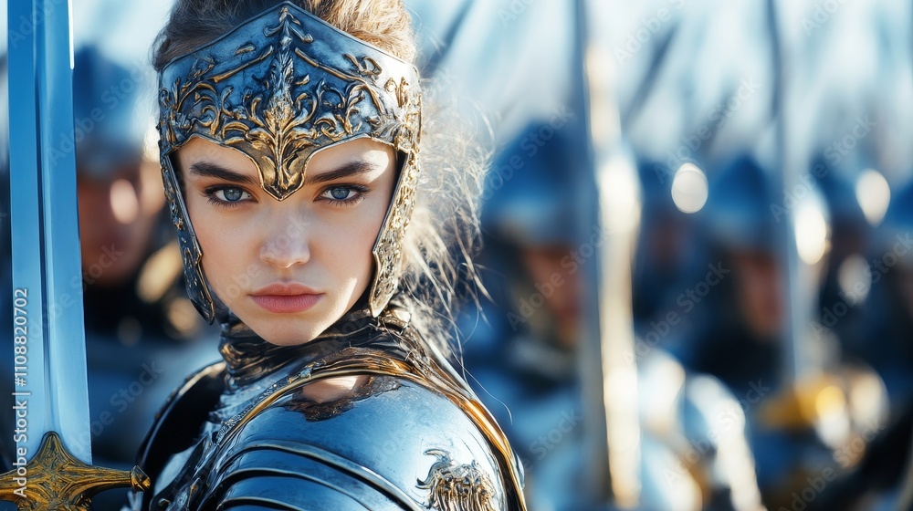 Female Warrior in Shining Armor - A courageous woman clad in gleaming ...