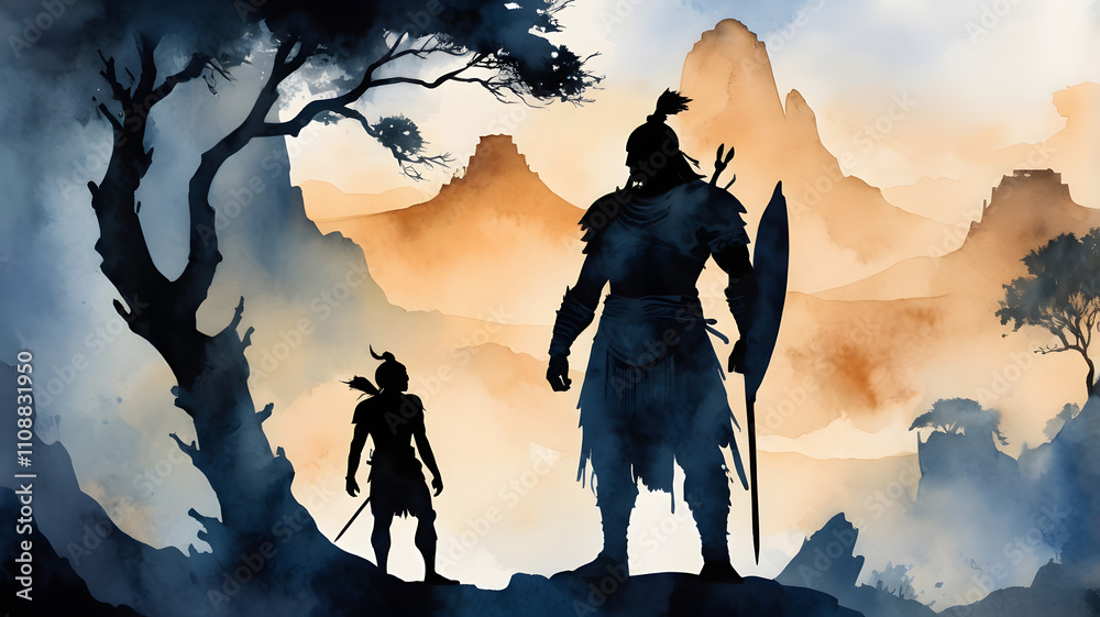 David and Goliath stand as opposing warriors in silhouette on rugged ...