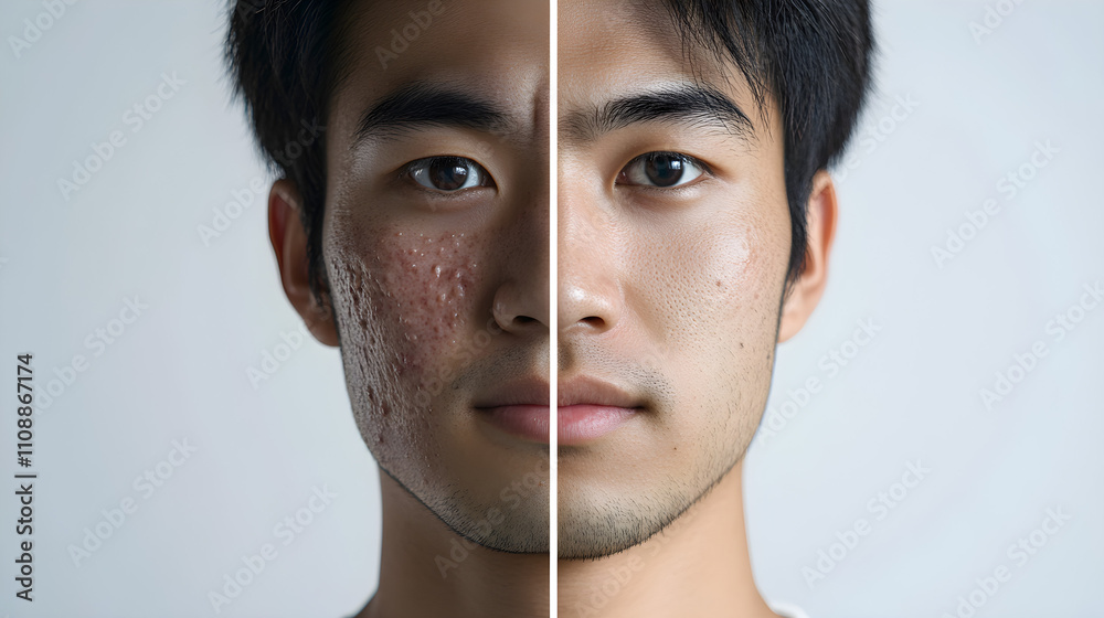 Before & After Acne Scars Treatment Man's Face Transformation Stock ...