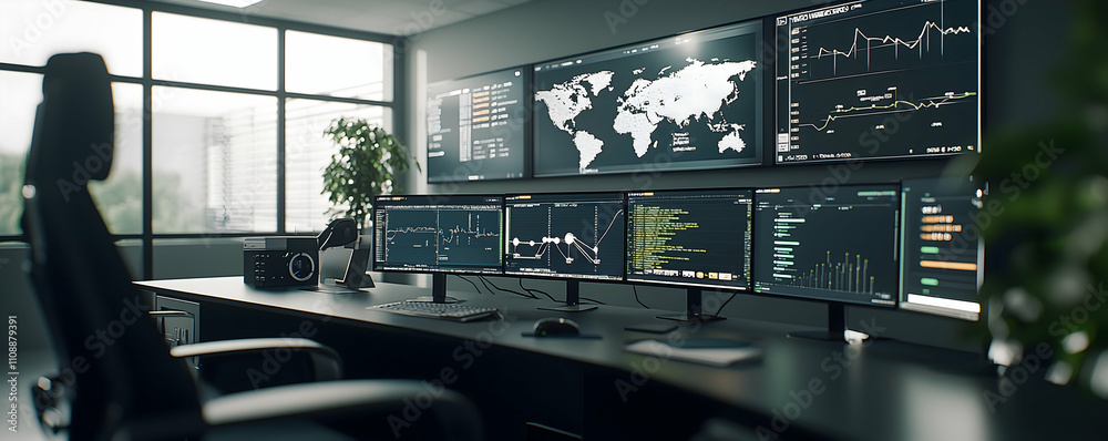 Command Center: A sleek and modern office with multiple monitors ...