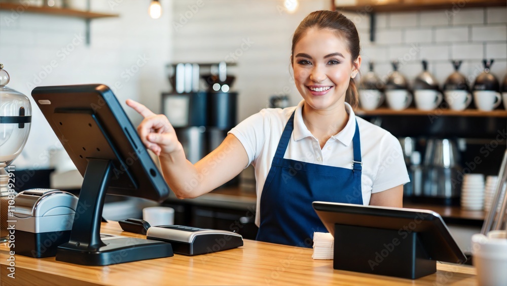 Portrait of happy young woman at counter with cashbox working in coffee ...