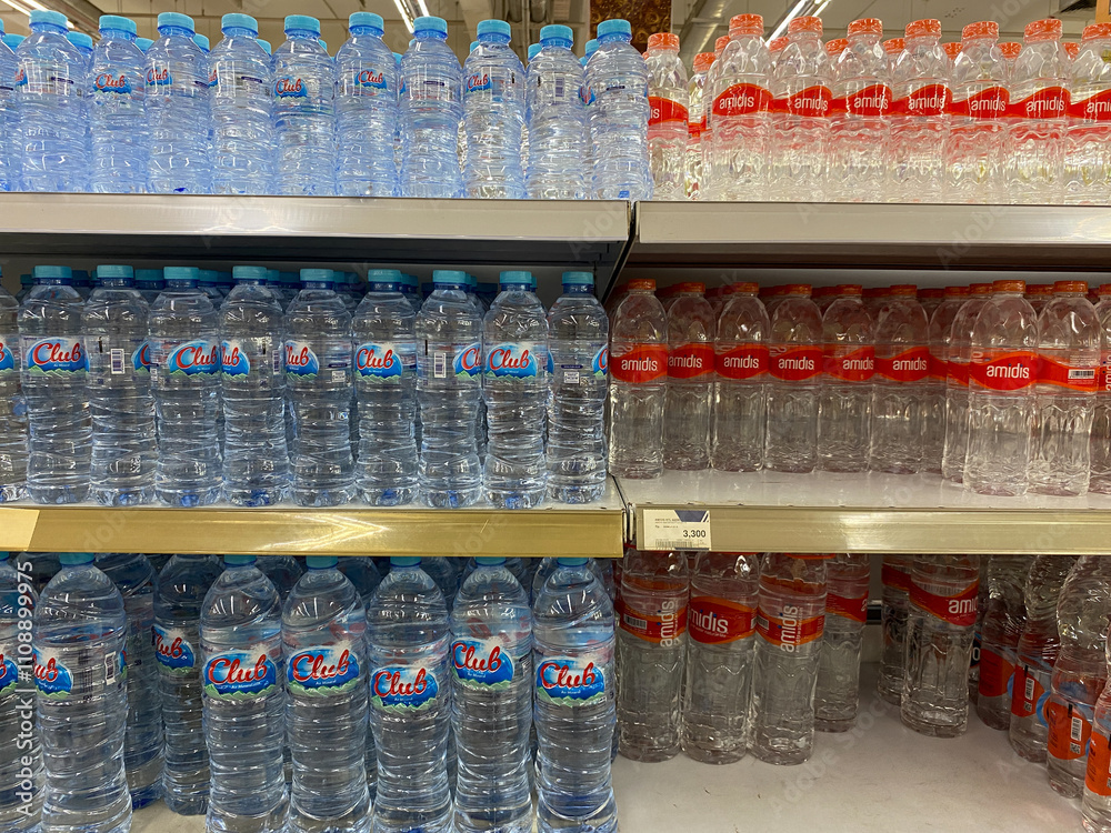 Various mineral water brands at Indonesia, displayed on supermarket ...
