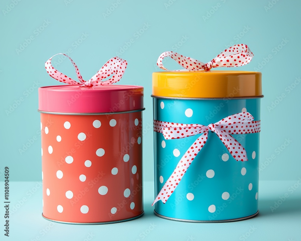 Two colorful tin cans, one red with white polka dots and one blue, are ...