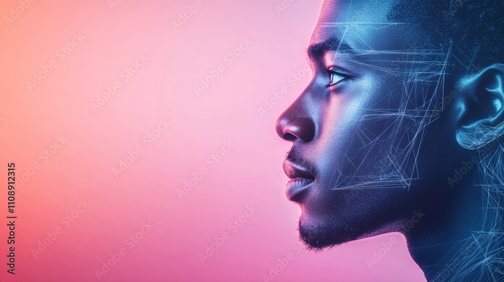 Man's face is shown in a computer generated image. The man's face is ...