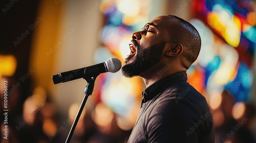 Gospel singer leading a choir in a church, passionately singing into a ...