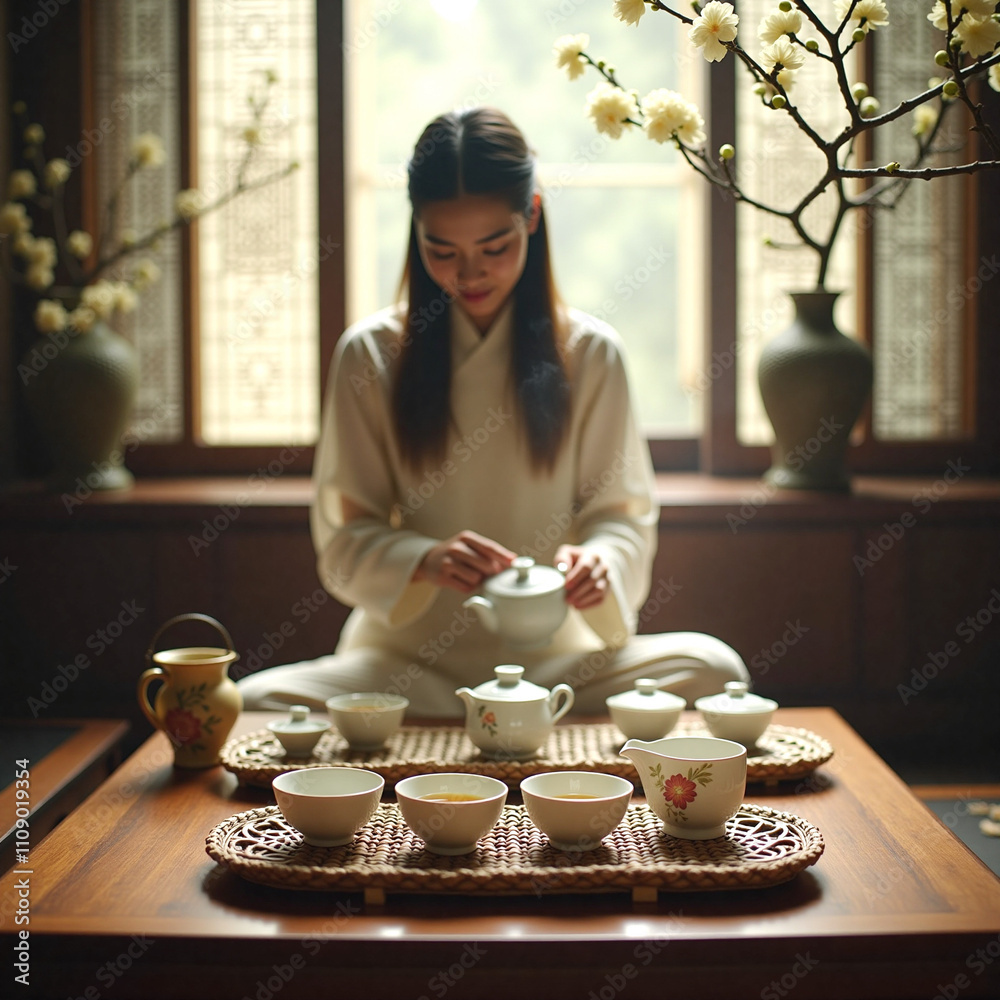 Traditional Chinese tea room,paper windows, carved wooden furniture and ...