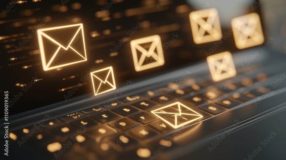 A digital representation of email icons illuminated on a keyboard ...