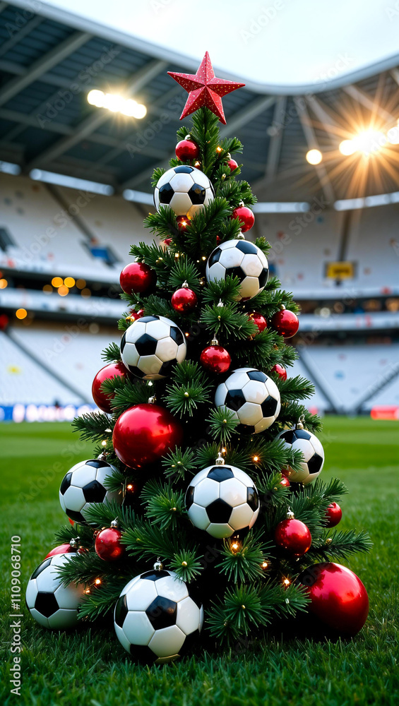 Festive Christmas Tree Adorned with Soccer Balls on a Football Stadium ...