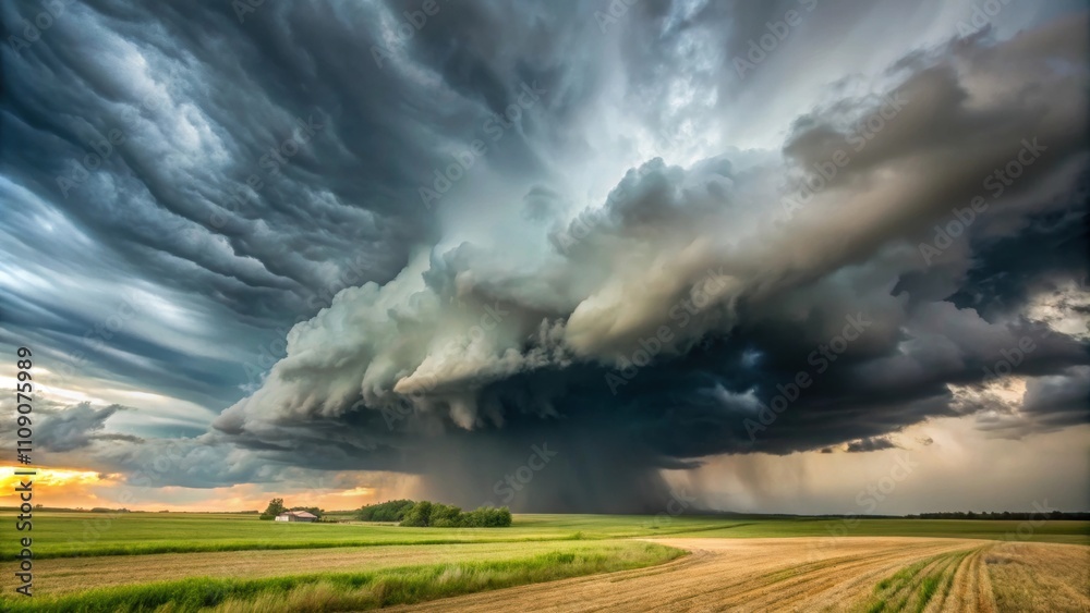 Destructive supercell storm with heavy rain and wind over a farm field ...
