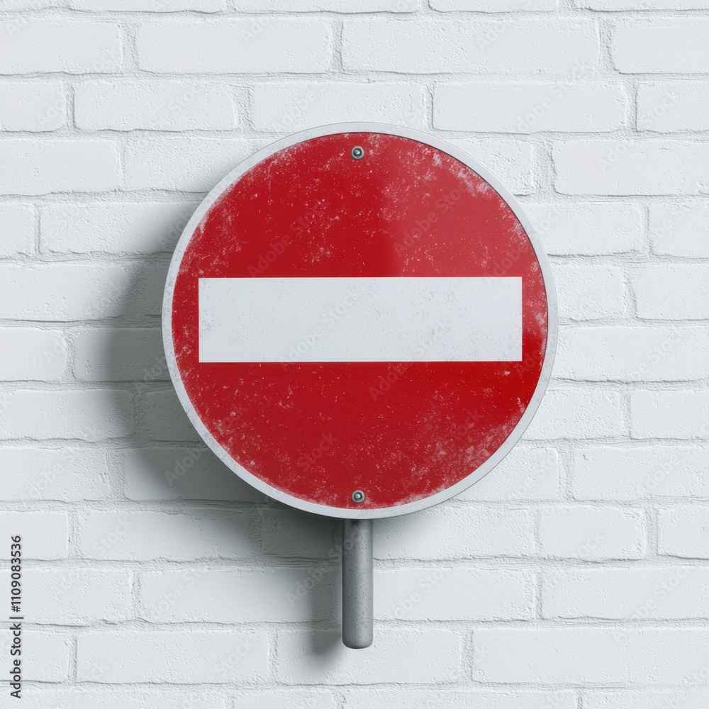 A weathered red no entry sign against a white brick wall illustrates ...