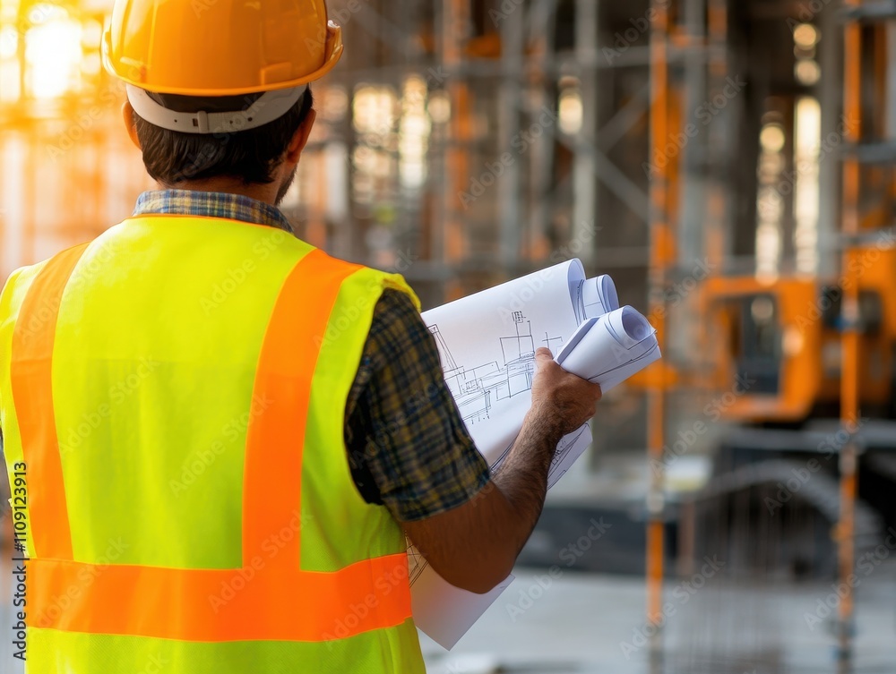 A construction worker in a safety vest examines blueprint plans on-site ...