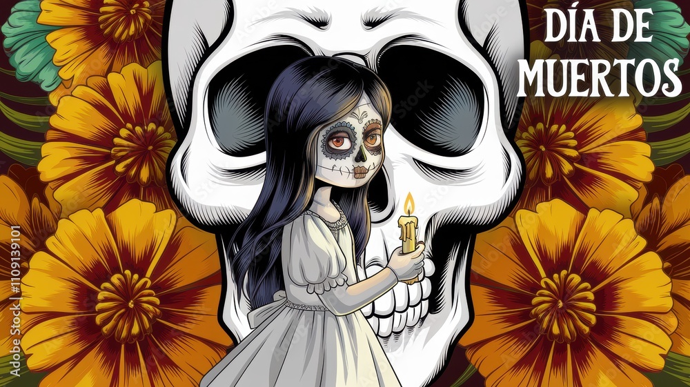 Una chica con el pelo largo, vestida con un vestido blanco y sosteniendo una vela. Está frente ...