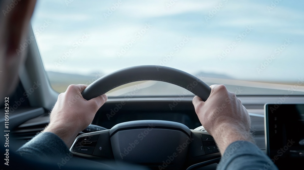 Start an exciting road trip adventure, driving along the open road with ...