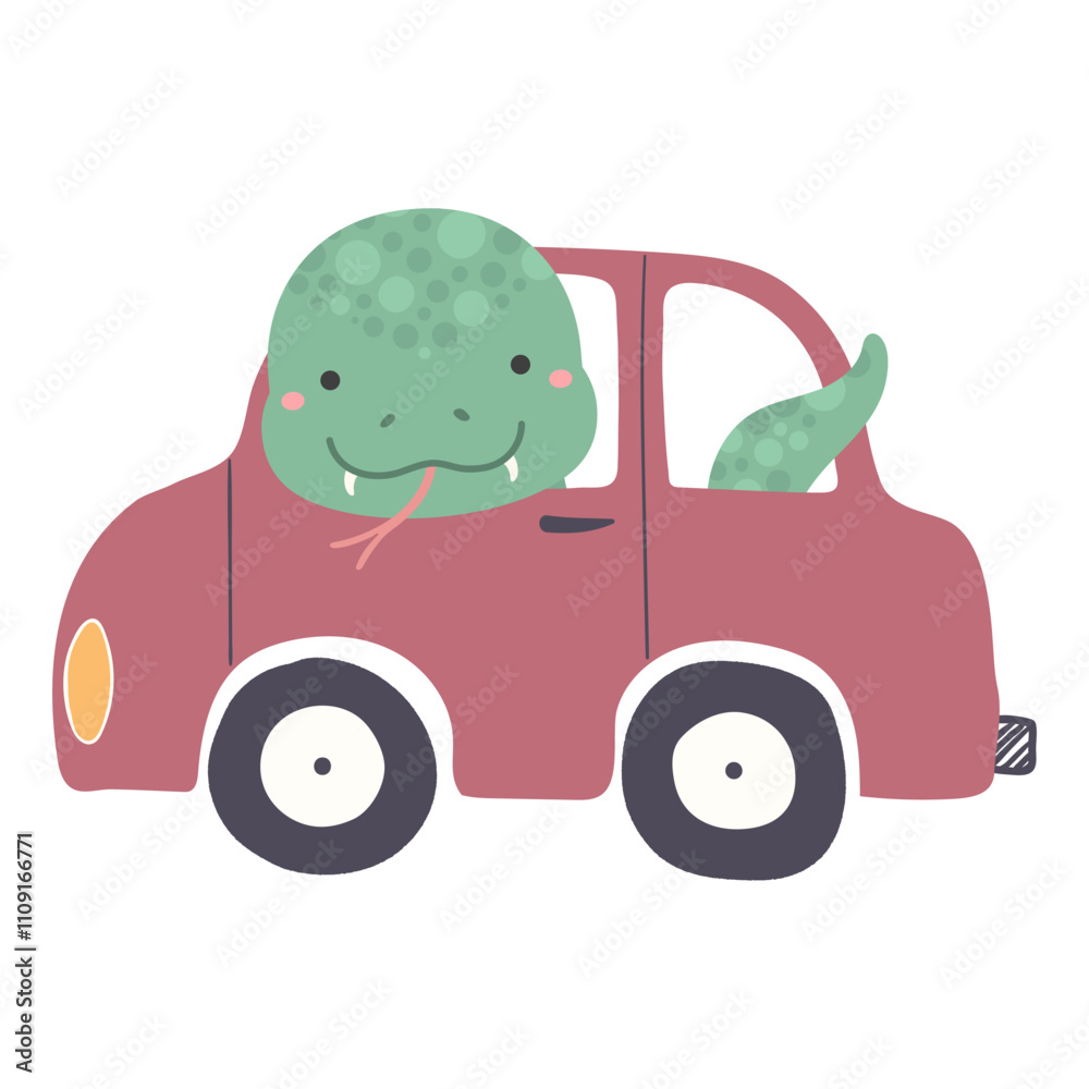 Cute snake driving car character illustration. Hand drawn cartoon ...