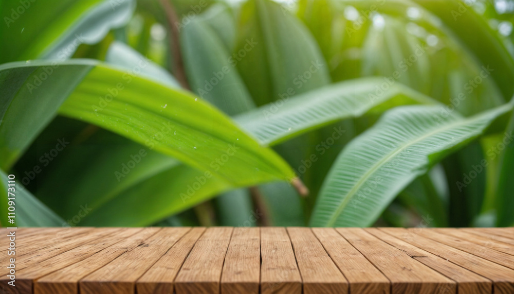 Abstract Natural wood table top on blur green background of banana leaf ...