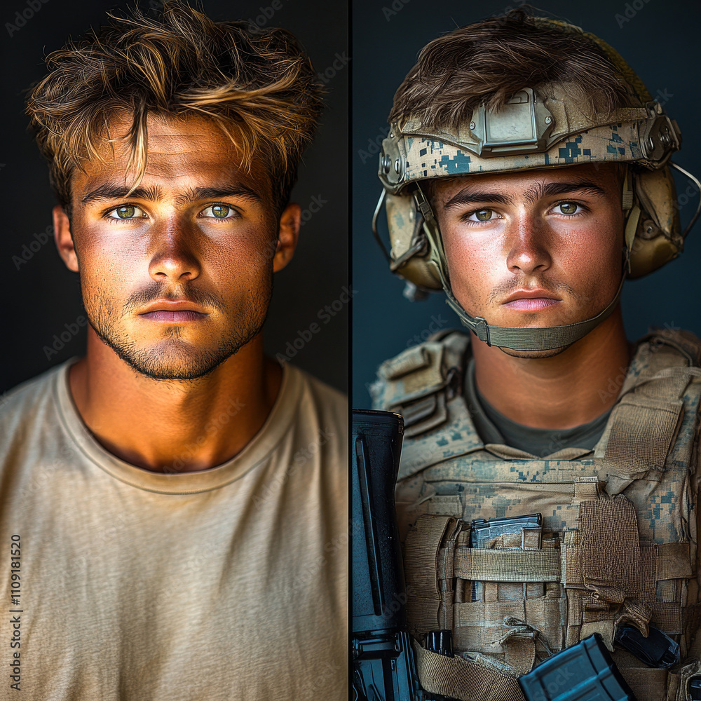 Young soldier transforms from civilian to military. A young man ...